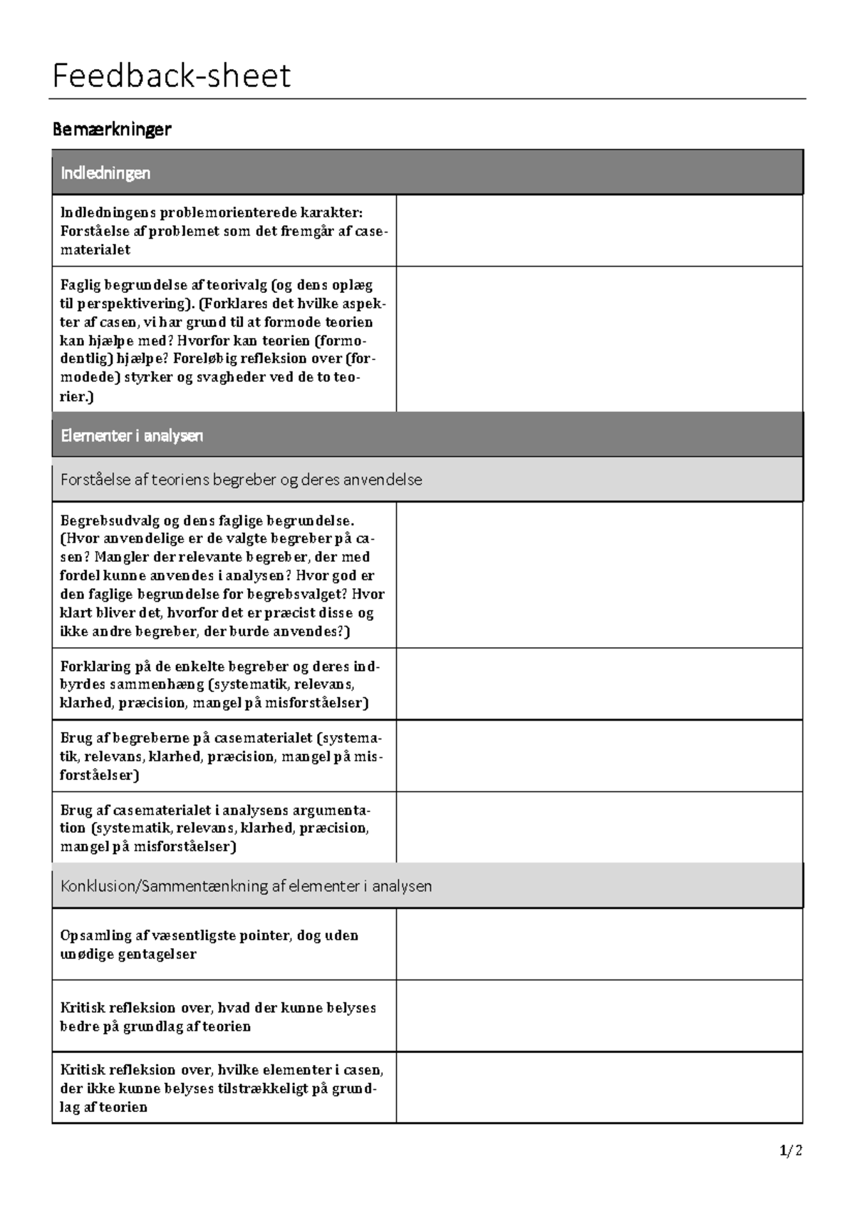 Feedback Sheet - Analysis and Theory Application Insights - Studocu