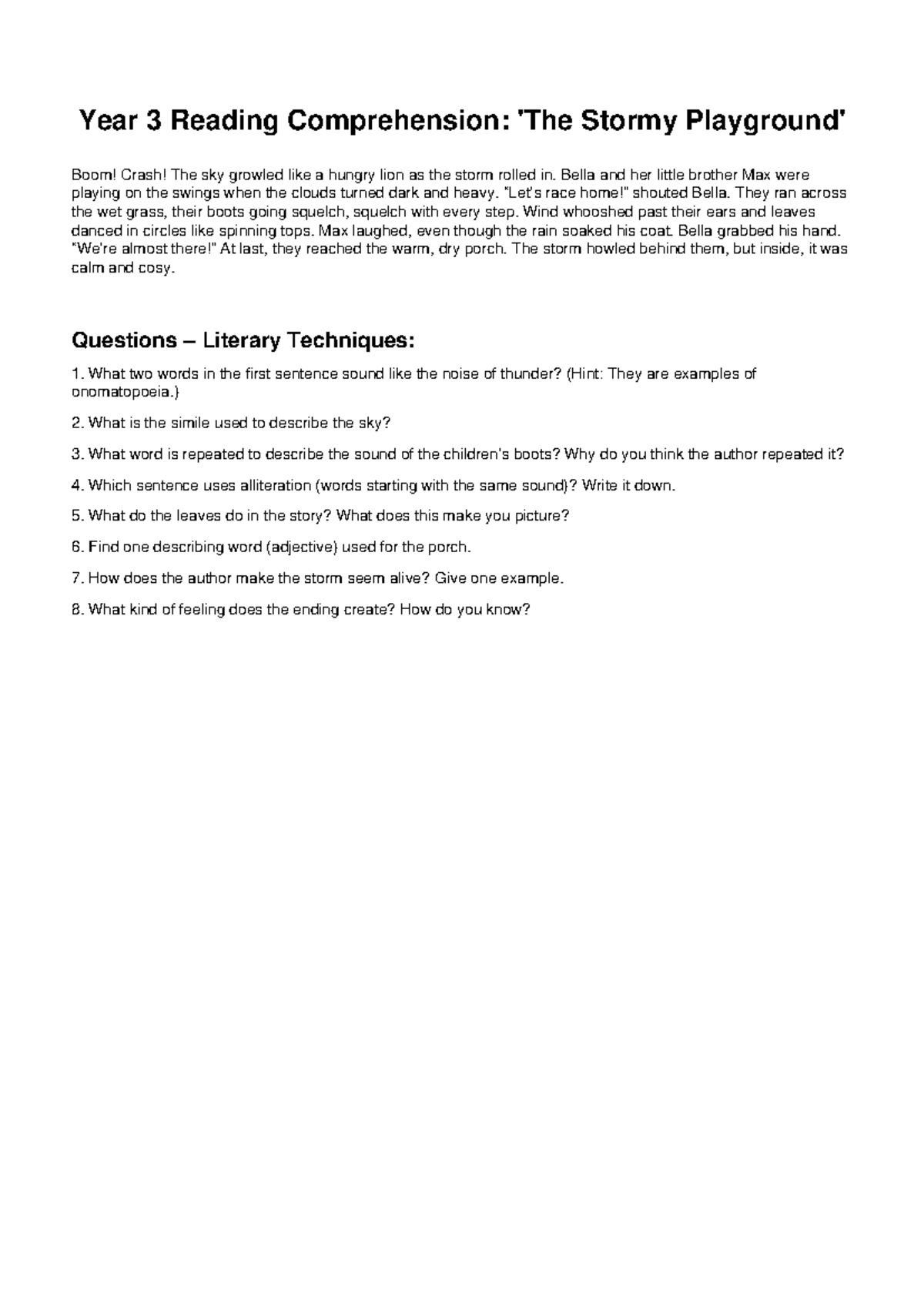 Year 3 Reading Comprehension: Stormy Playground Analysis - Studocu