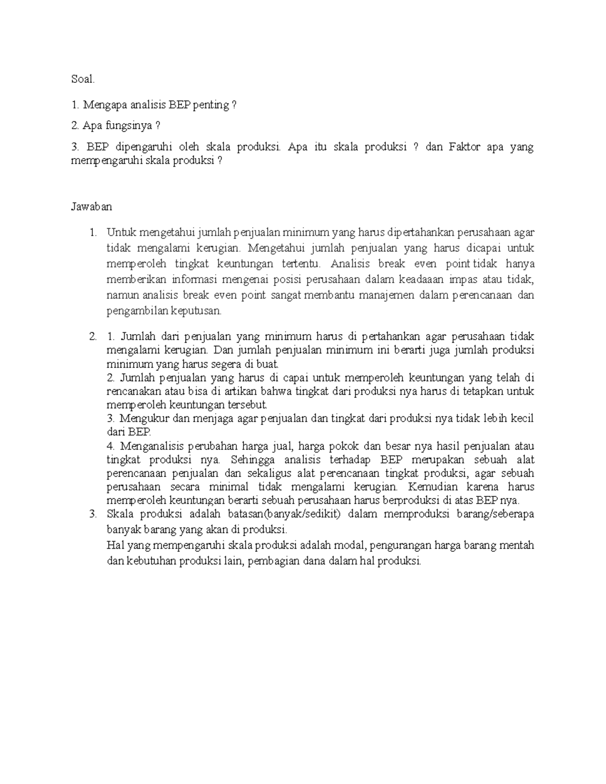 Tugas Analisis Break Even Point (BEP) dan Skala Produksi - Studocu