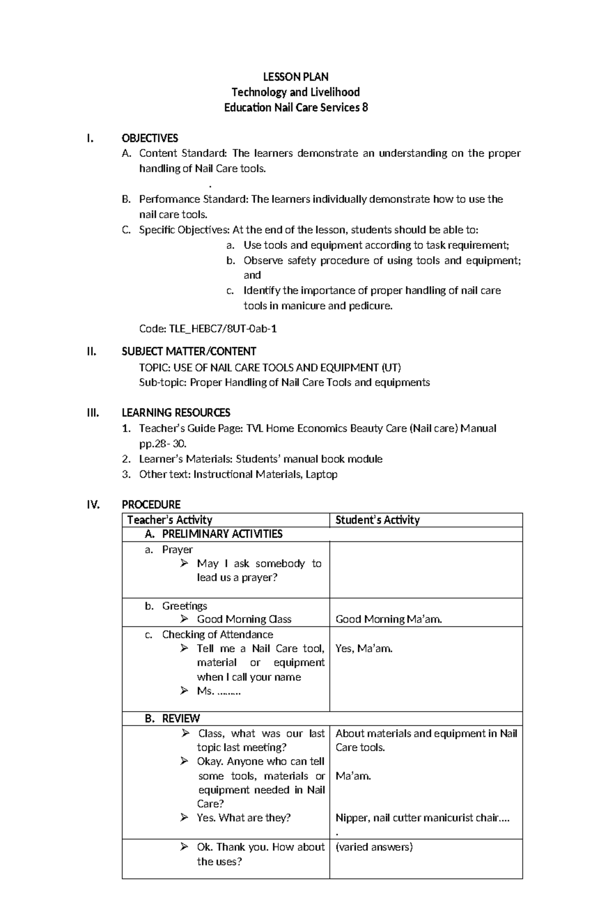 TLE_HEBC7/8UT Lesson Plan: Proper Handling in Nail Care Services - Studocu