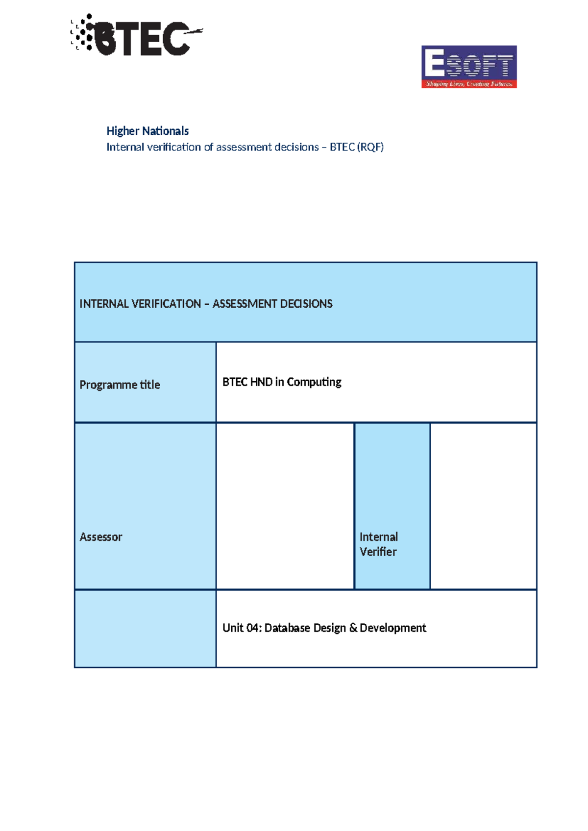 BTEC HND Computing Unit 04: Database Design Development Guide - Studocu