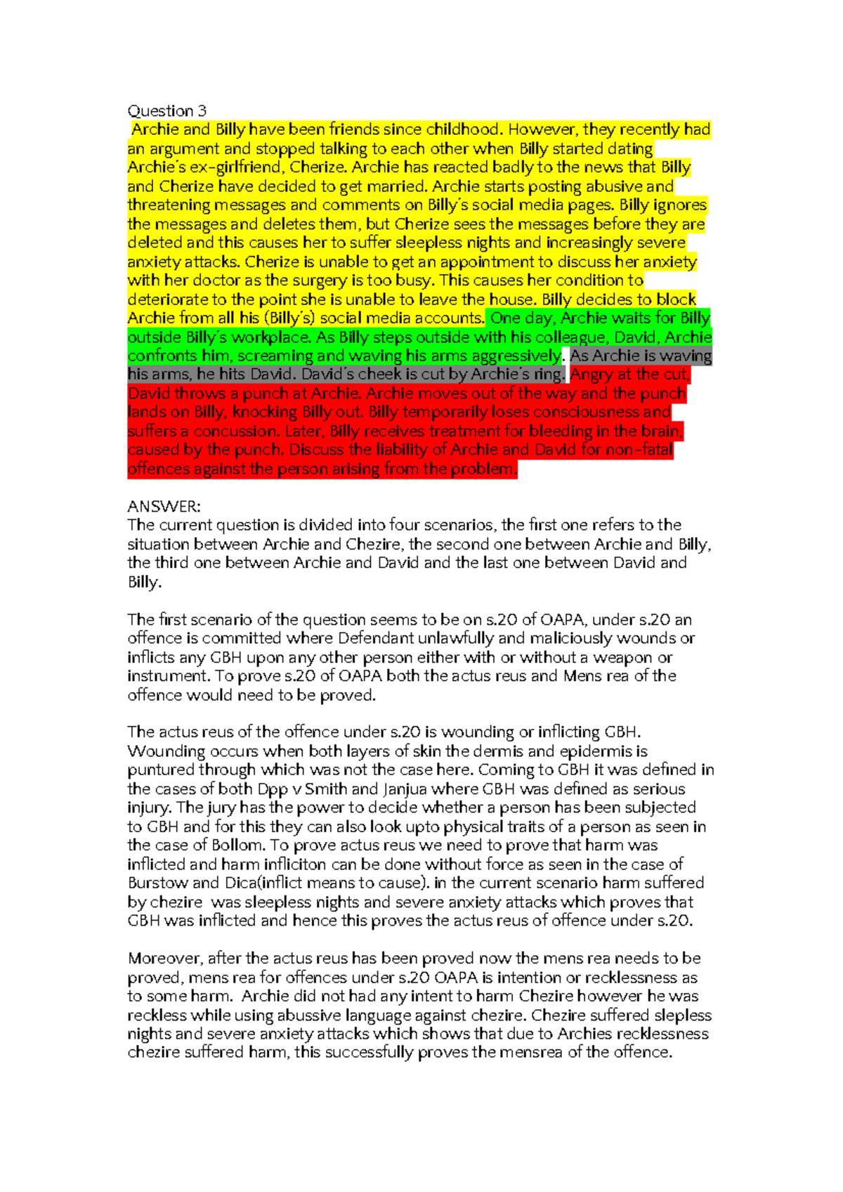 OAPA Case Study Analysis: Archie, Billy, and David's Liability - Studocu