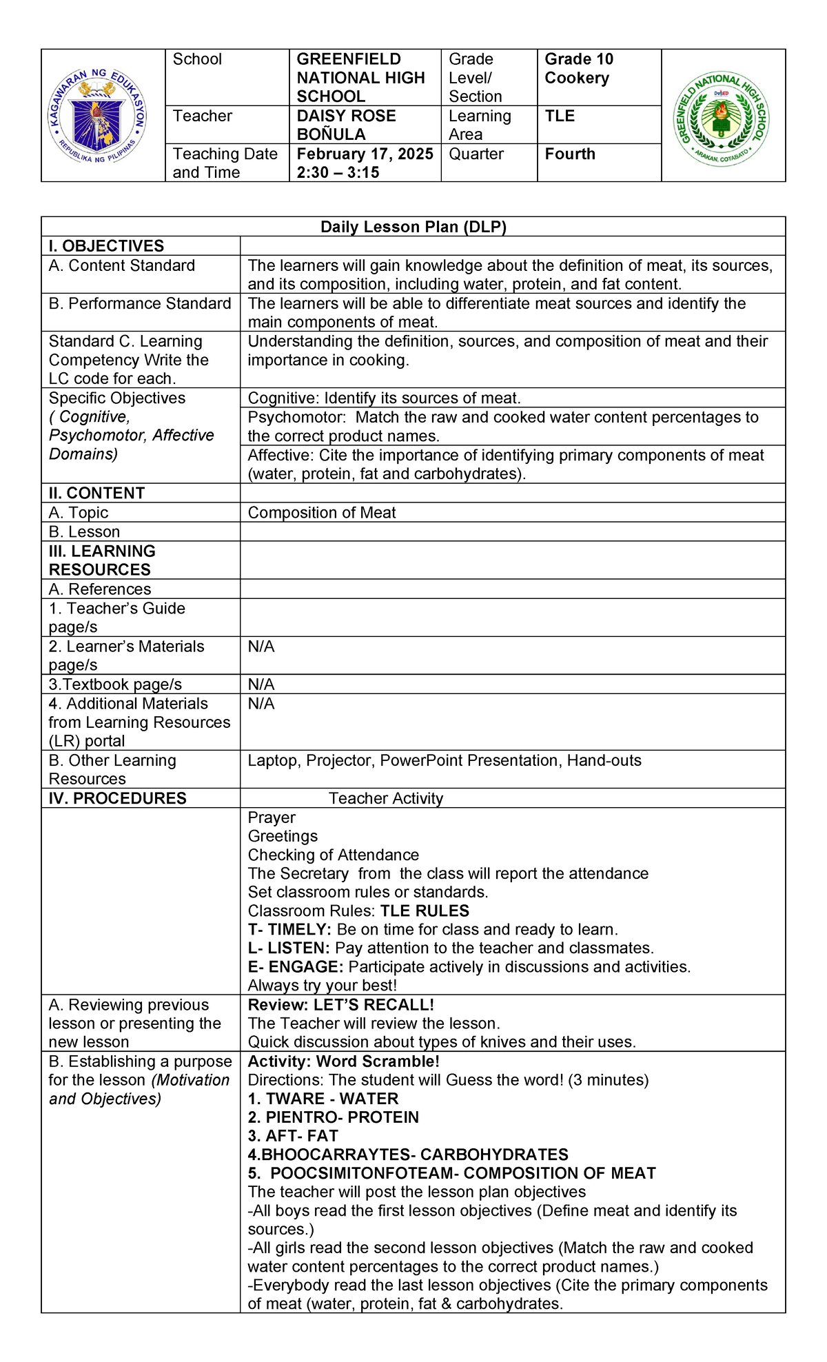 BSE Grade 10 Cookery Daily Lesson Plan: Composition of Meat - Studocu