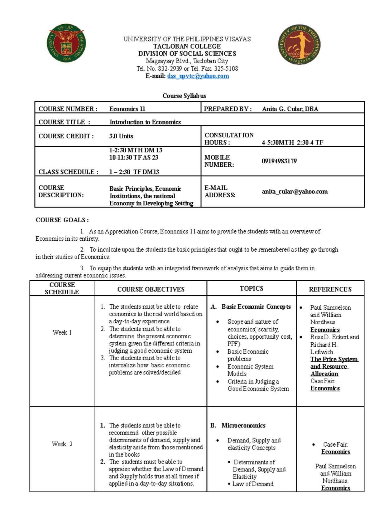 Economics 11: Introduction to Economics Course Syllabus - Studocu