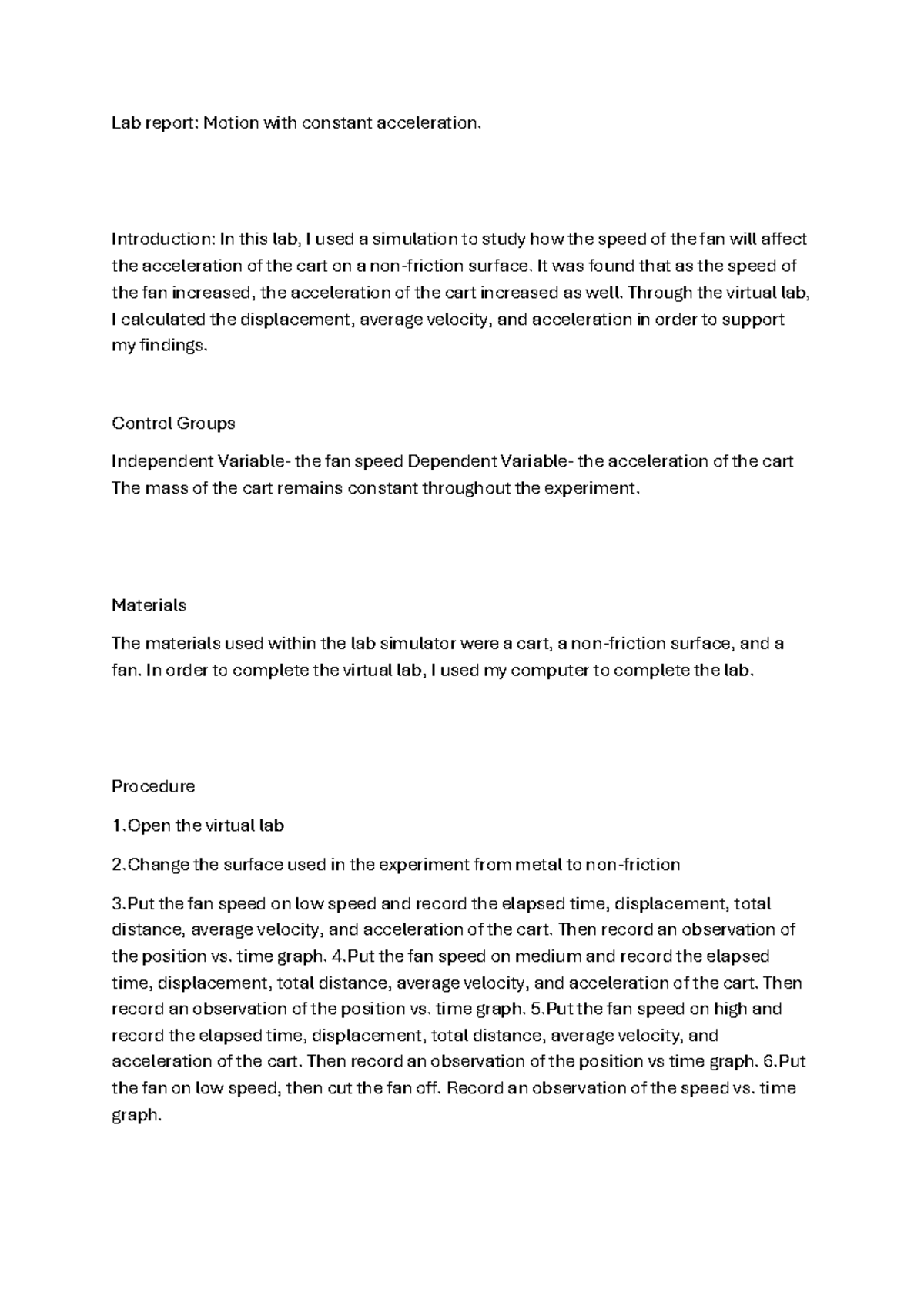 Lab Report: Motion with Constant Acceleration (Physics 101) - Studocu