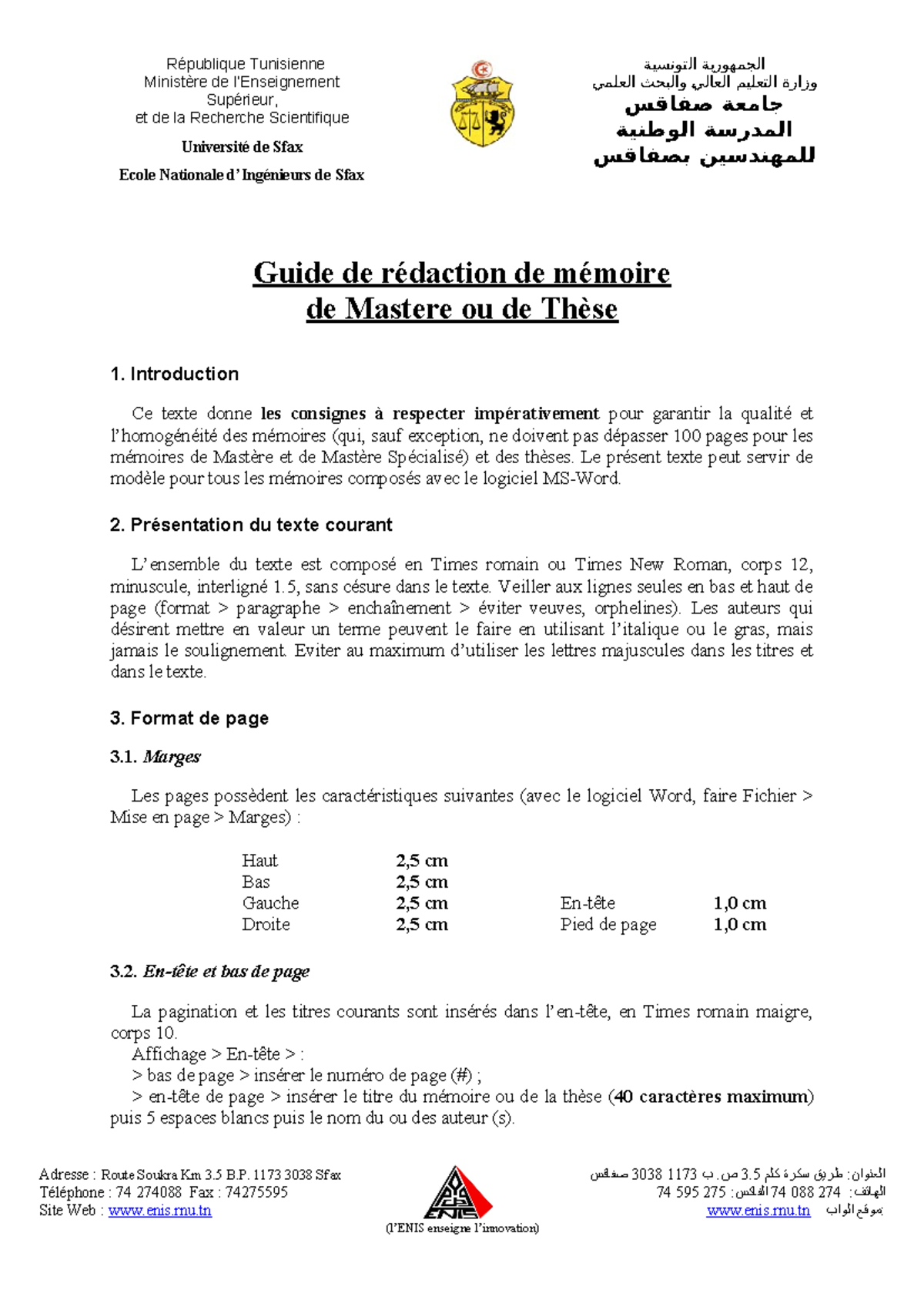 Guide de rédaction - Mémoire de Master ou Thèse - ENIS Sfax - Studocu