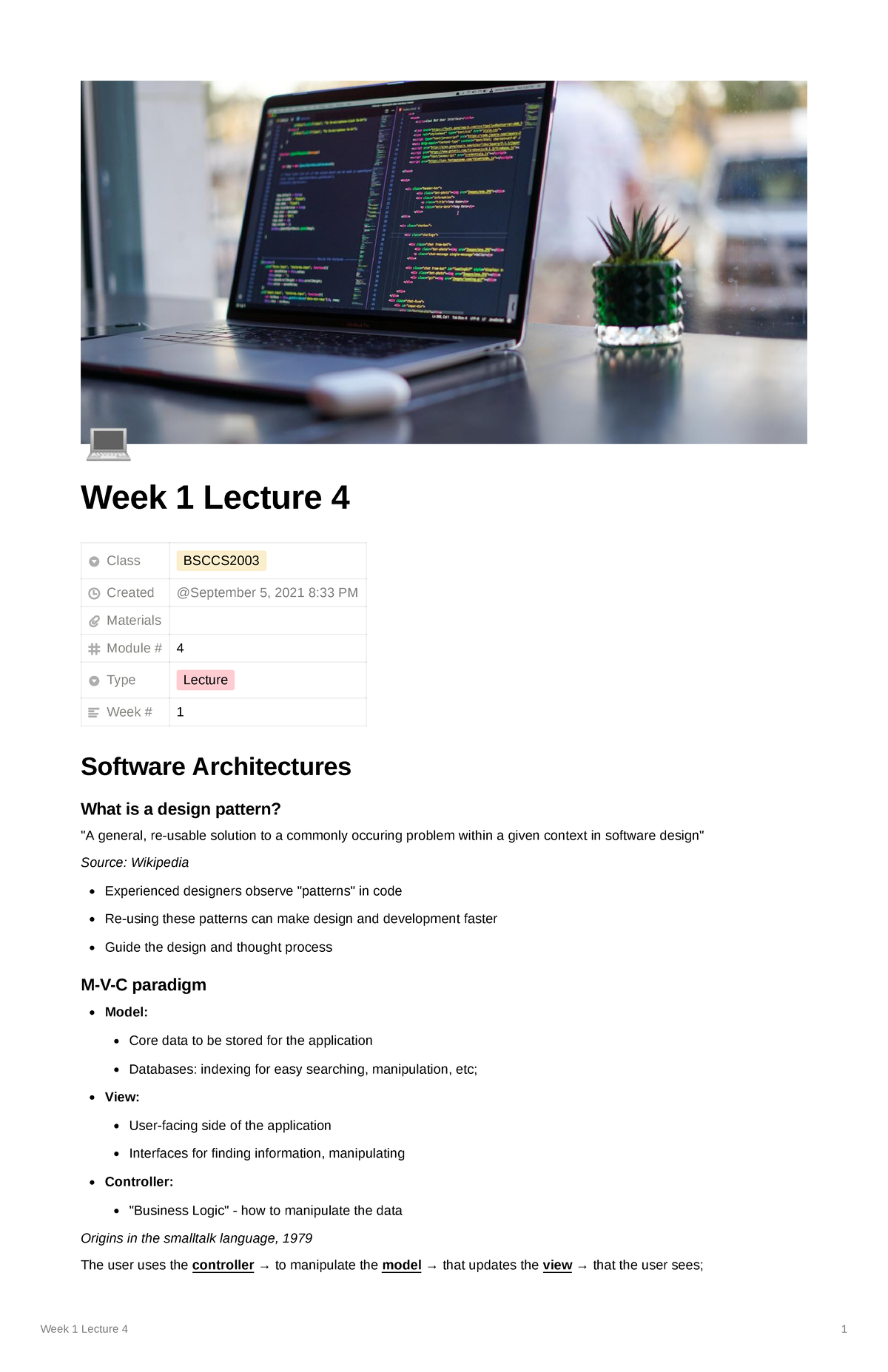 Week 1 Lecture 4: Software Architectures & Design Patterns (BSCCS2003) - Studocu