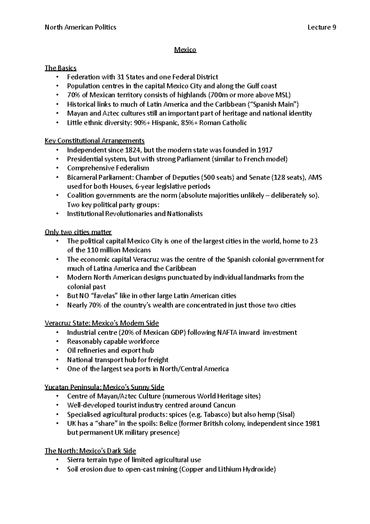 Mexico lecture notes - North American Politics Lecture 9 Mexico The ...
