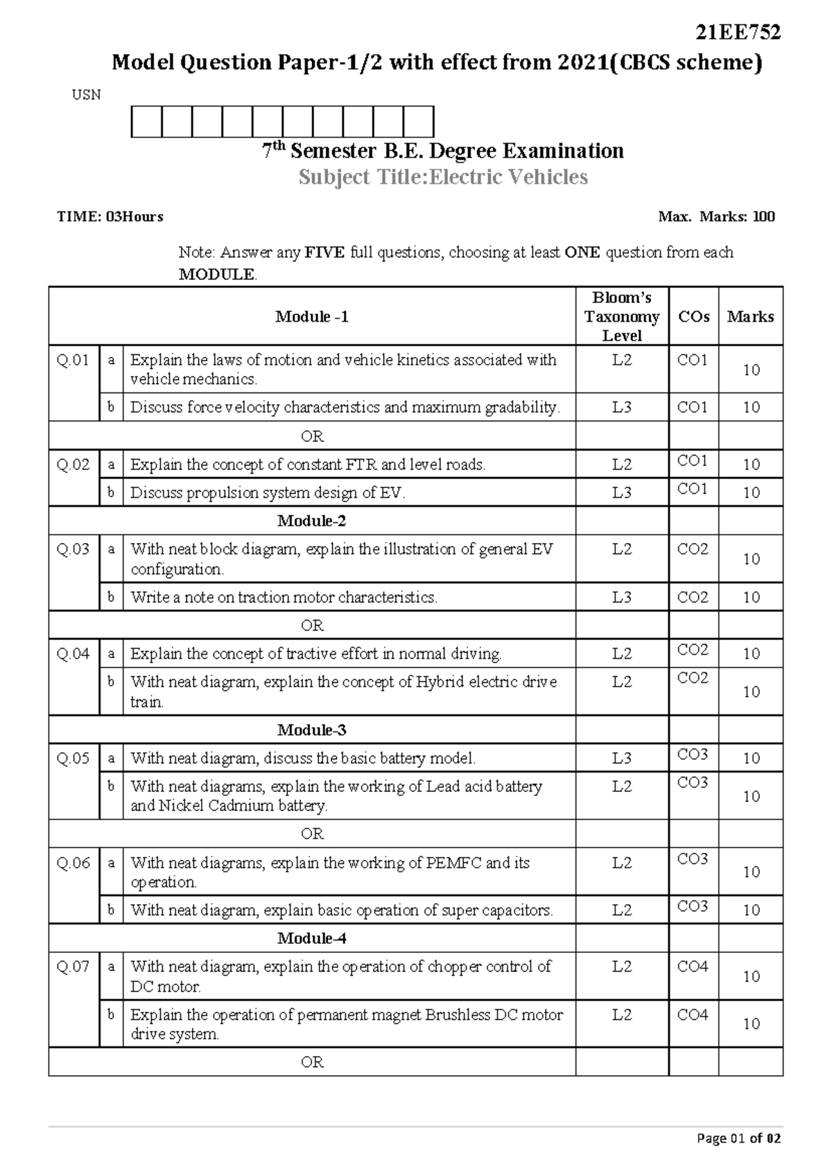 21EE752 - Model Question Paper on Electric Vehicles for 7th Semester ...