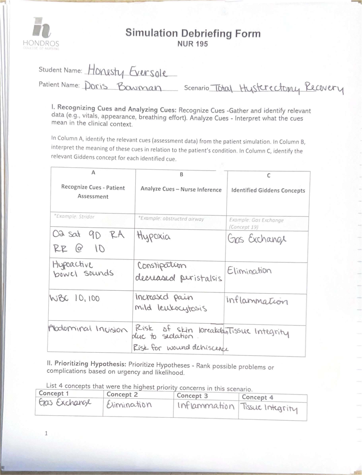 Simulation Debriefing Form for HONDROS NUR 195 Nursing Course - Studocu