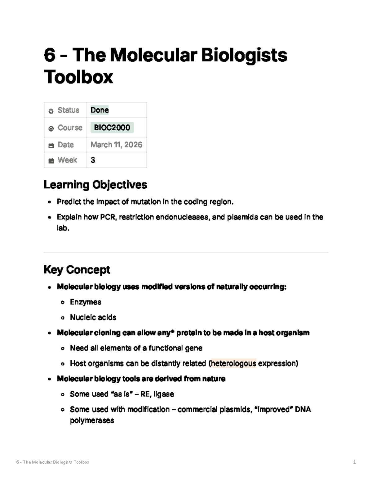 Lecture 6: The Molecular Biologists Toolbox - Key Concepts and ...
