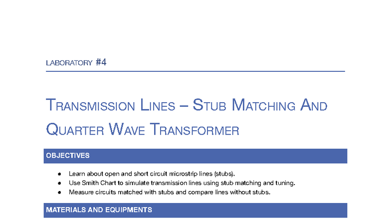LAB #4: Stub Matching & Quarter Wave Transformer Techniques - Studocu