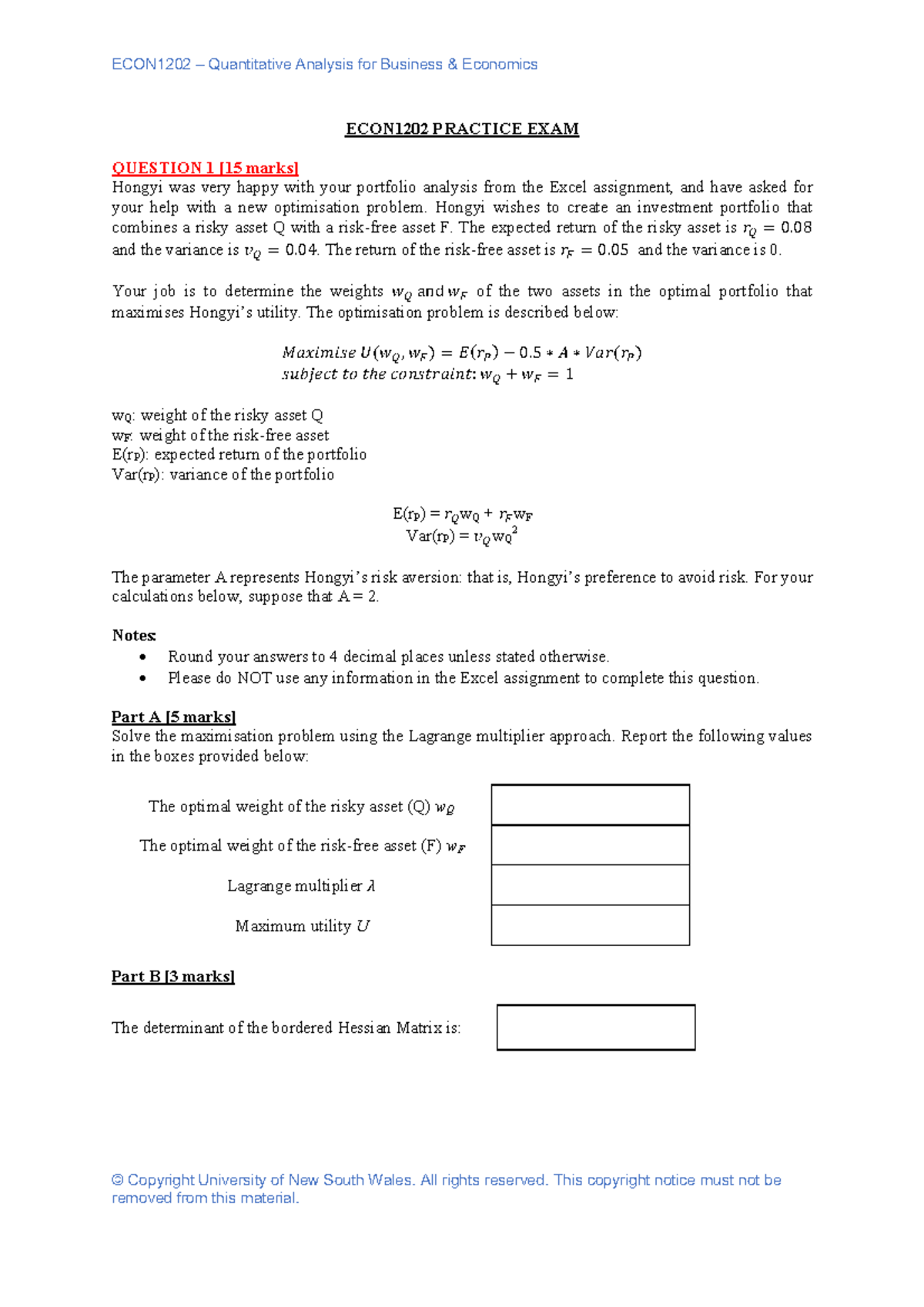 ECON1202 Quantitative Analysis for Business Economics Practice Exam - Studocu