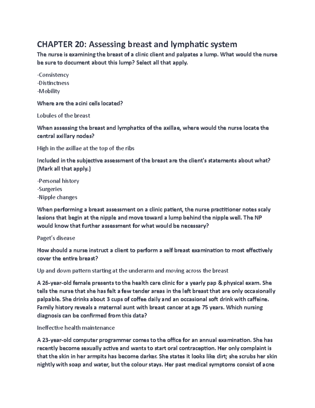 Chapter 20: Comprehensive Assessment of Breast and Lymphatic Systems - Studocu