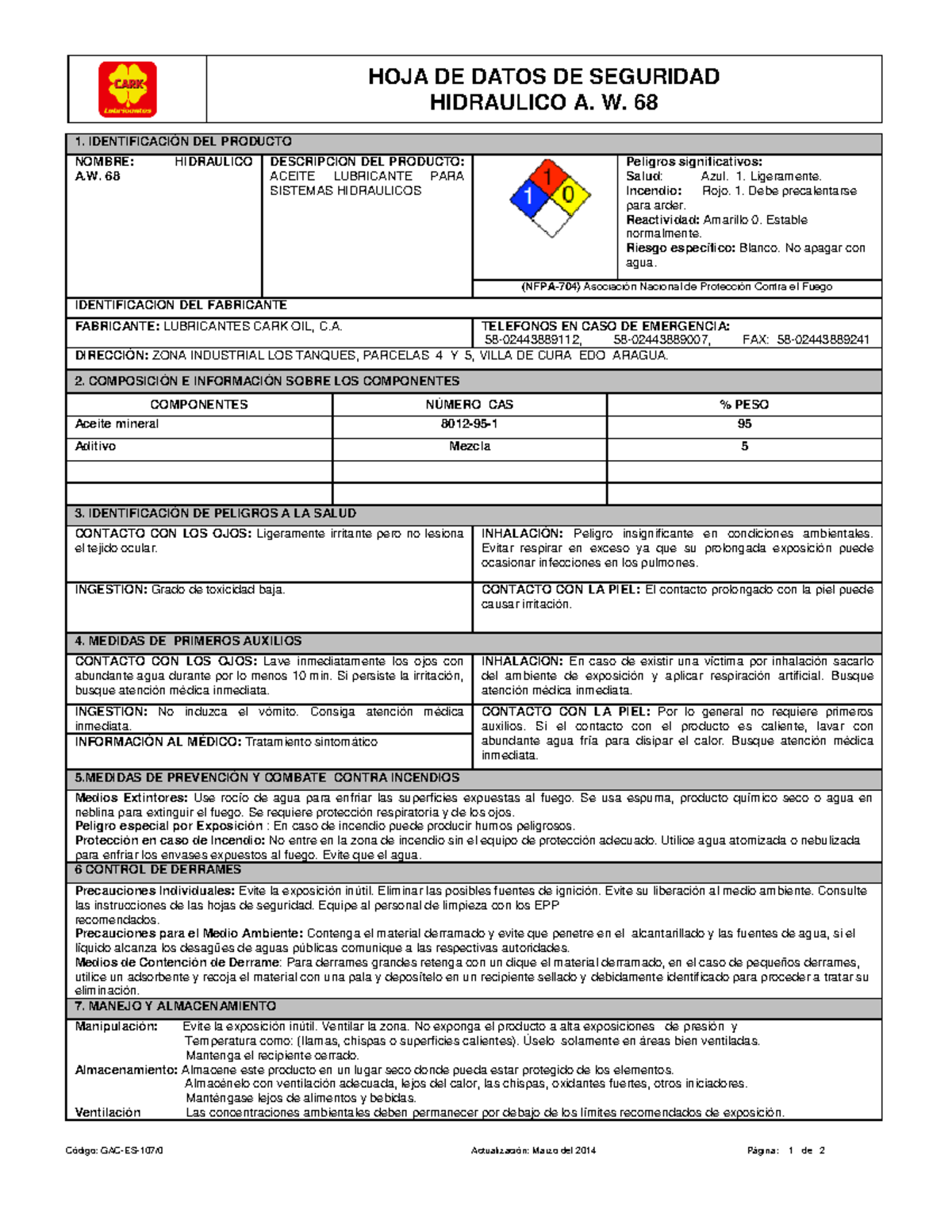 HOJA DE DATOS DE SEGURIDAD: ACEITE HIDRÁULICO A.W. 68 (GAC-ES-107 ...