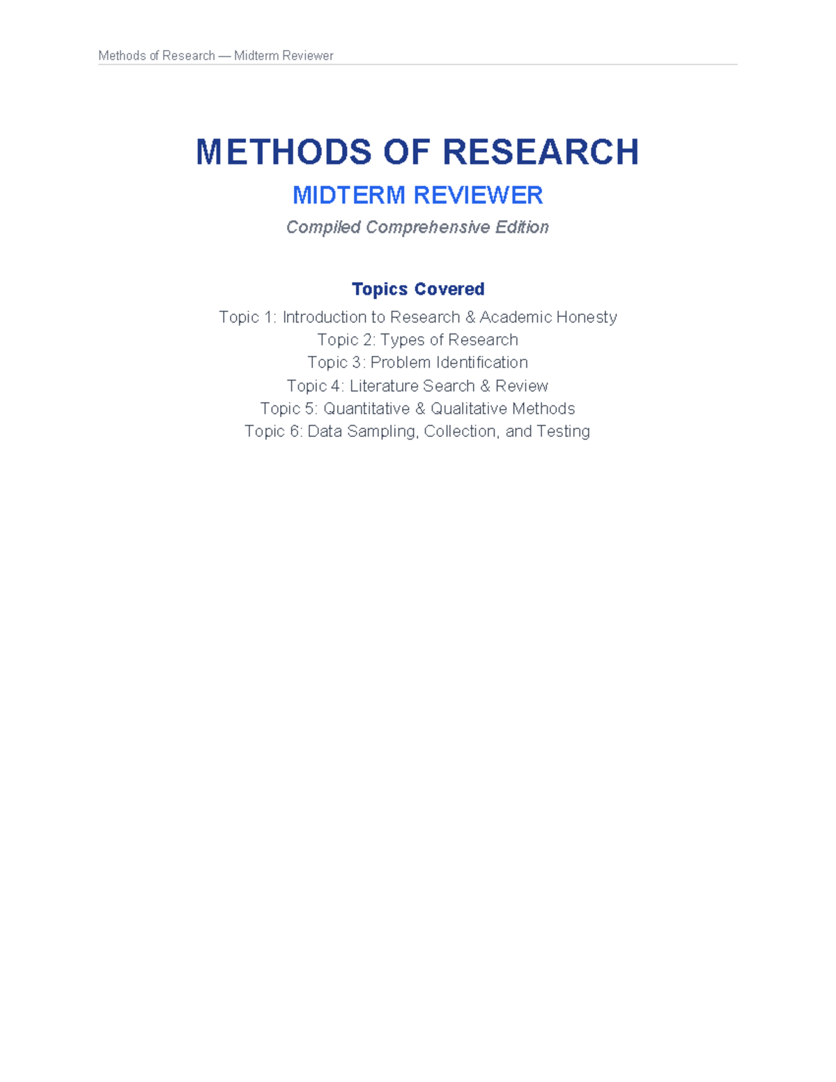 Methods of Research (MR101) Midterm Exam Reviewer Guide - Studocu