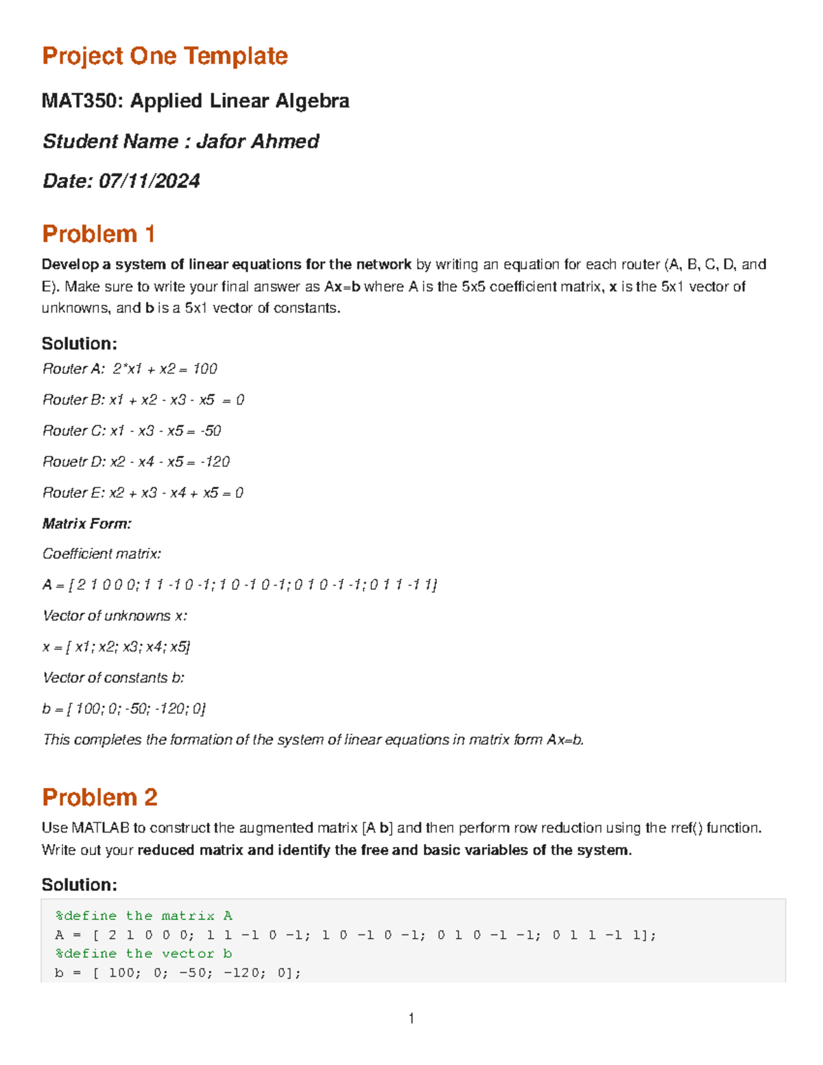 MAT350: Project One on Matrix Theory in Linear Equations - Studocu