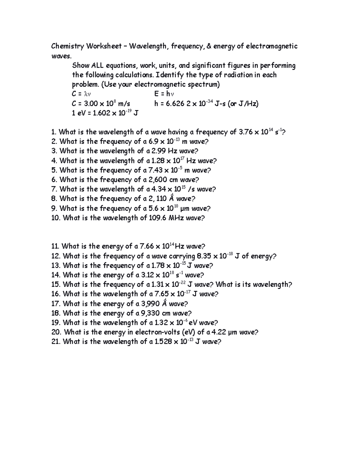 Honors Chemistry Worksheet: EM Waves Calculations & Answers - Studocu