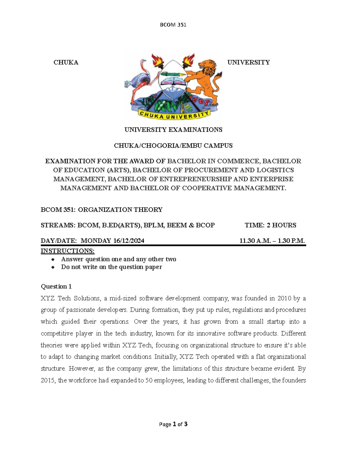 BCOM 351 - Organization Theory: Exam Insights and Key Concepts - Studocu