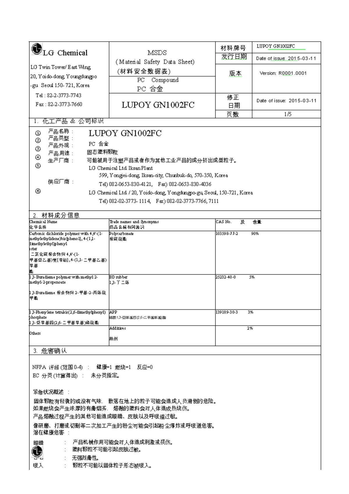LG Chemical MSDS for LUPOY GN1002FC (中文) - Studocu