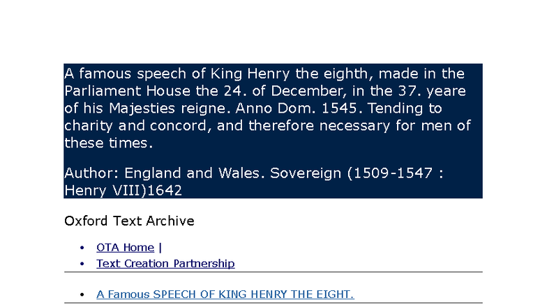 A Famous Speech of King Henry VIII - Parliament Address 1545 - Studocu
