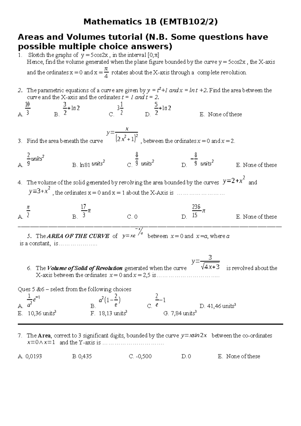 Mathematics 1B Areas and Volumes Tutorial Questions and Solutions - Studocu