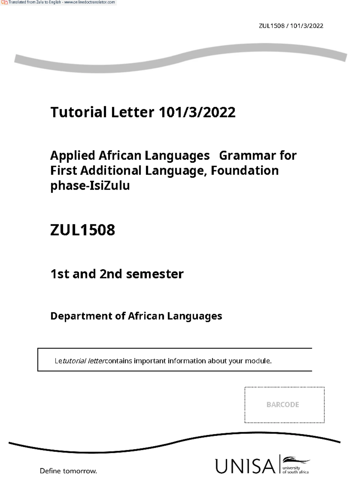 Zul1508 101 - Zulu - ZUL1508/101/3/ I-Tutorial Letter 101/3/ Applied ...