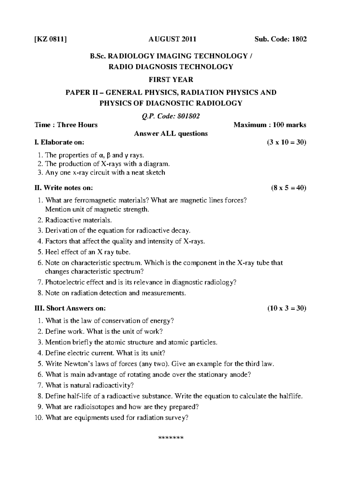 801802 KZ - Question paper for bsc radiography and imaging technology ...
