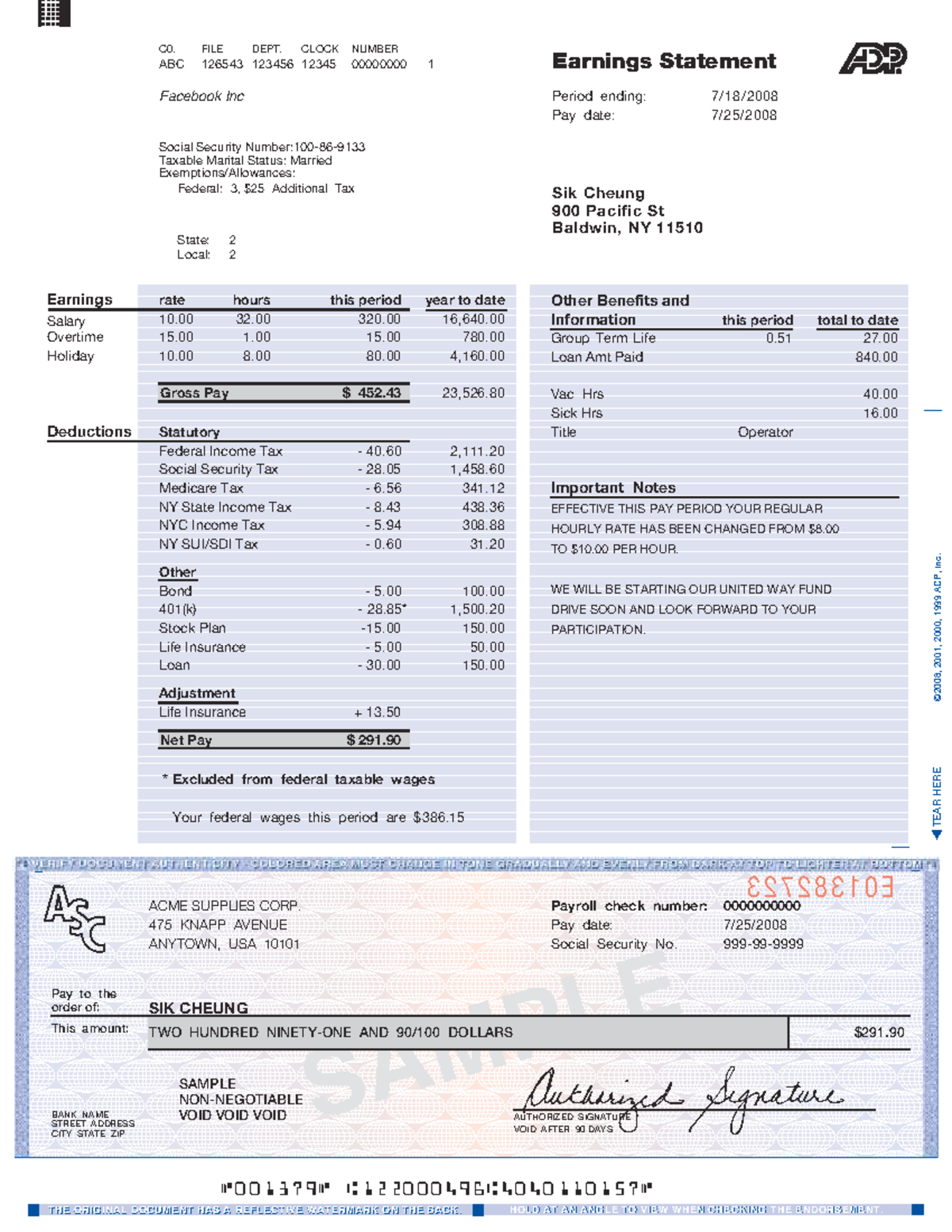 ADP Check Stub Sample Document for Payroll Verification - Studocu
