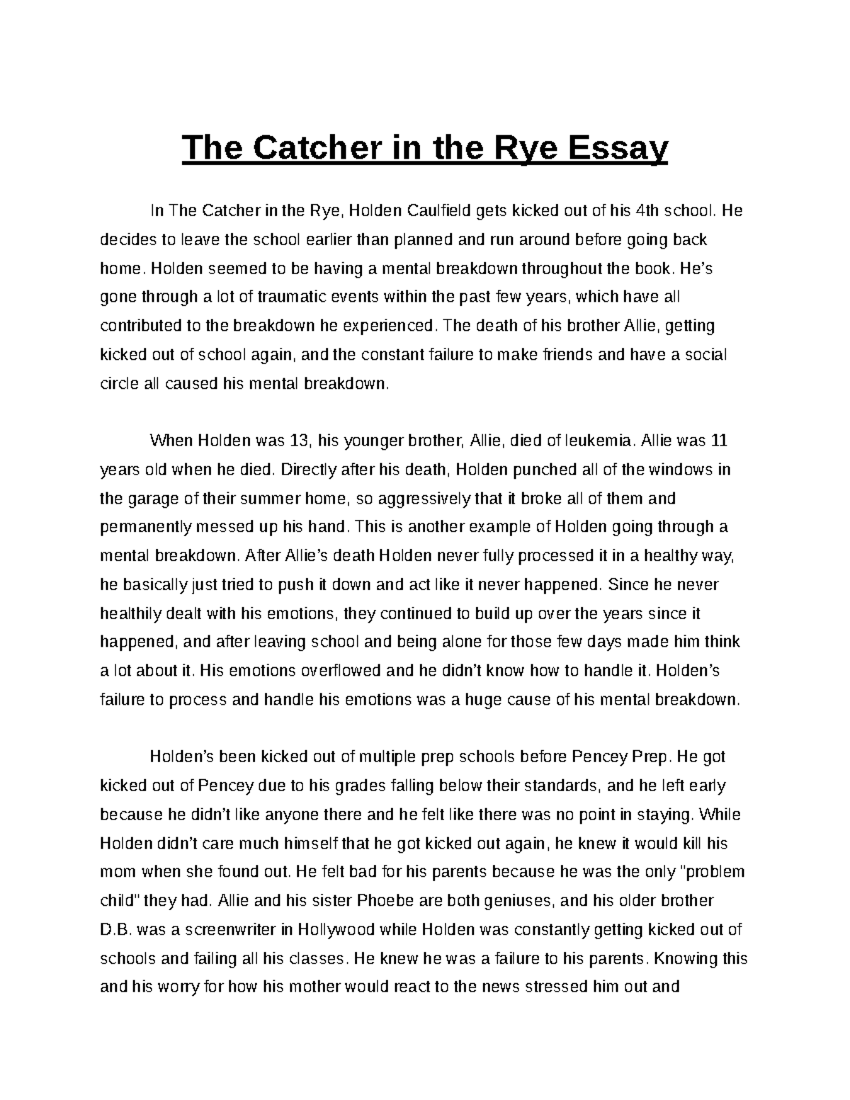 The Catcher in the Rye Essay: Analyzing Holden's Breakdown - Studocu