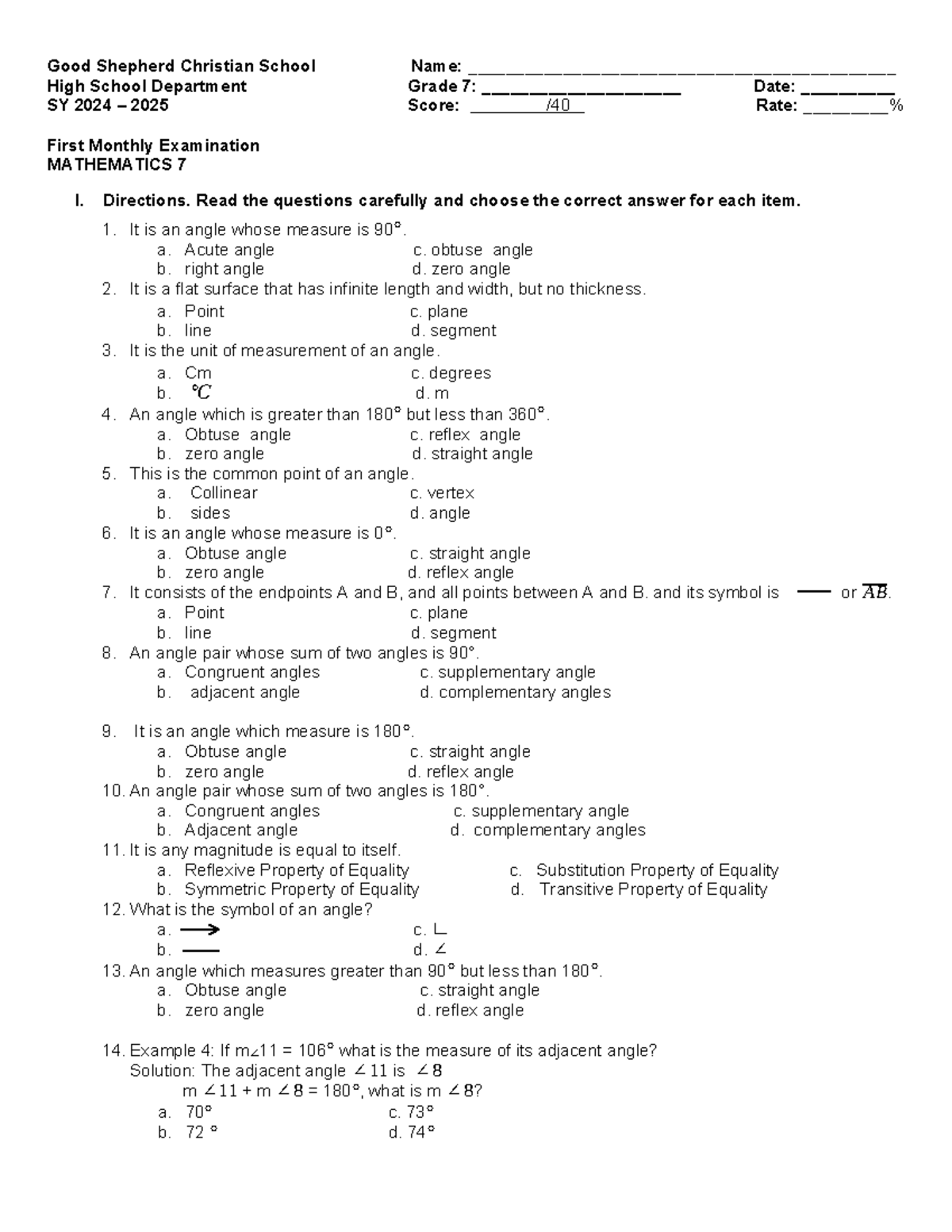 Grade 7 Mathematics Monthly Exam SY 2024-2025: First Exam Review - Studocu