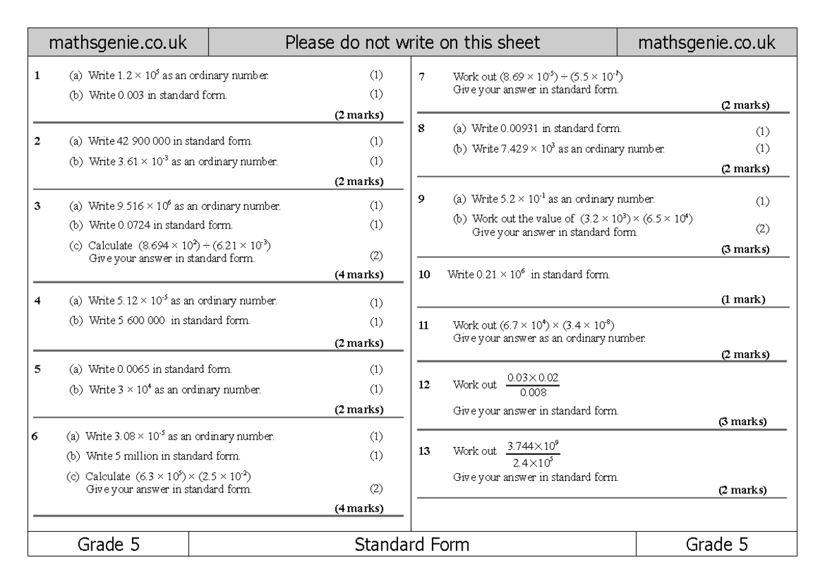 Grade 5 Standard Form Worksheet - MathsGenie.co.uk - Studocu