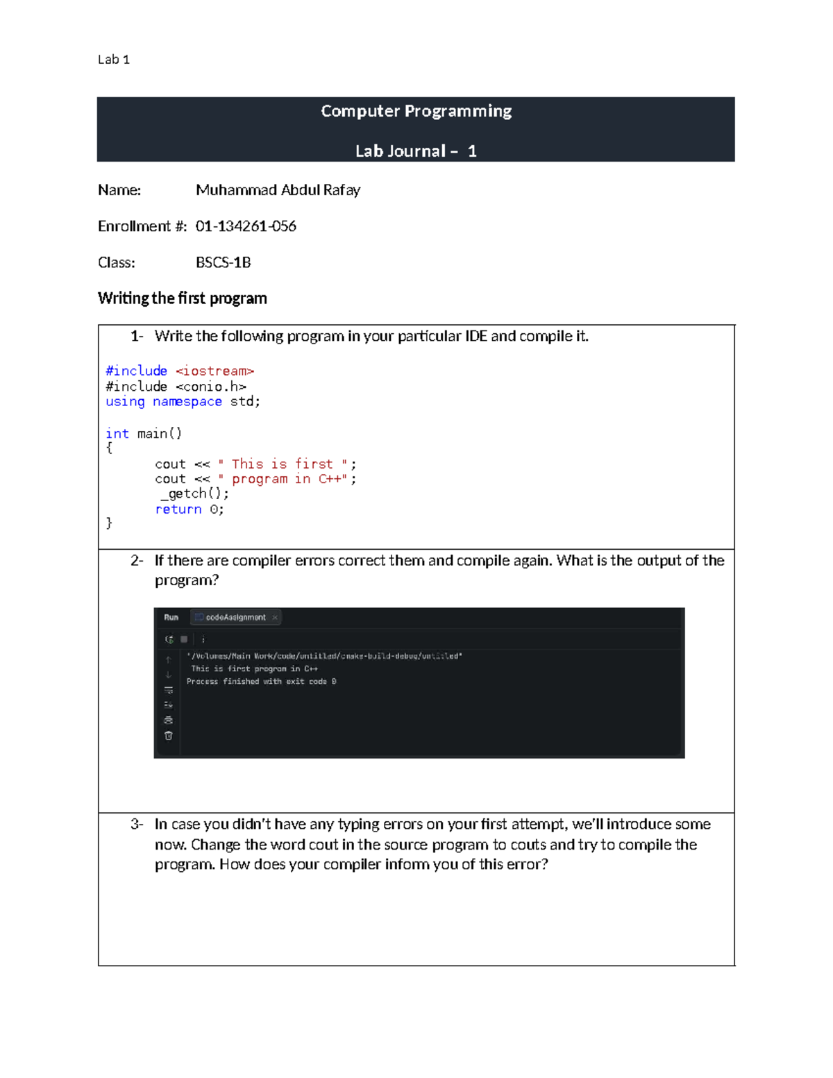 Lab 1: Computer Programming Journal - Writing Your First Program - Studocu