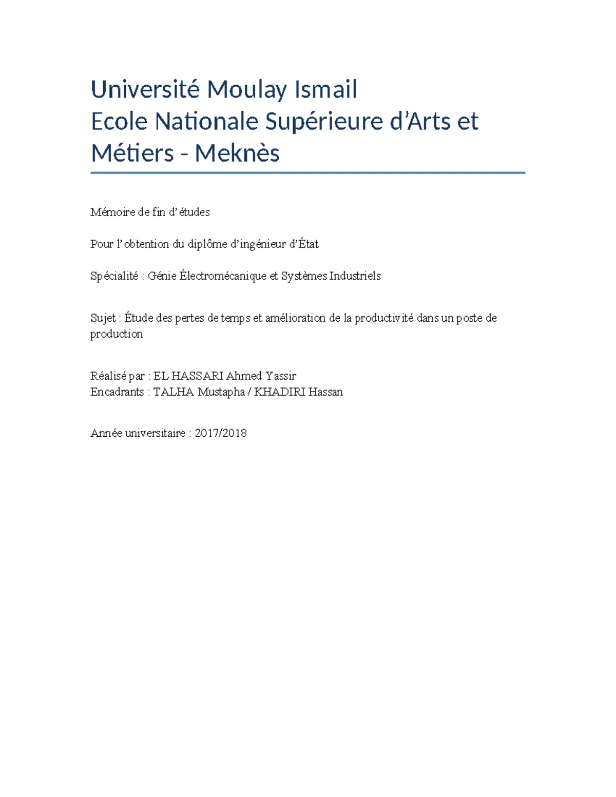 Rapport de Stage OFPPT par Mlle Fatime Zahra El Kouach - Année Scolaire ...