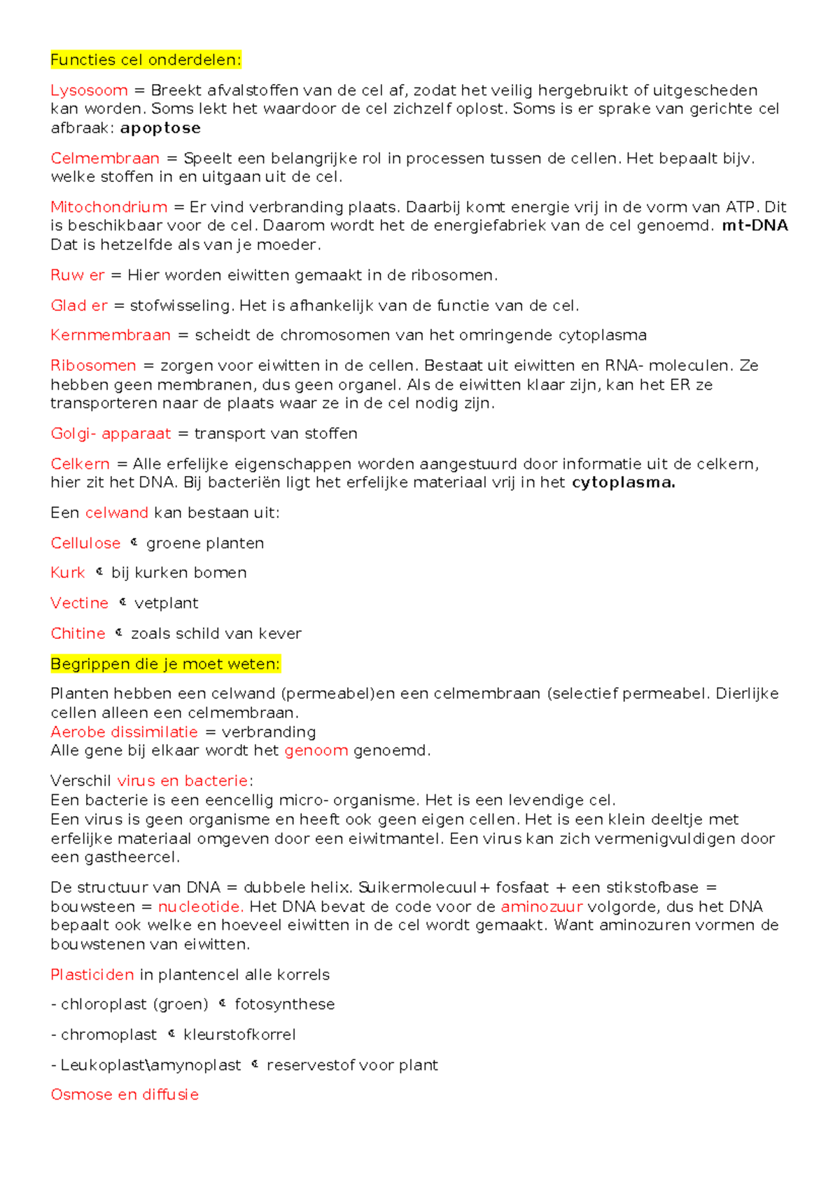 Biologie SV HS 1: Functies van Cel Onderdelen en Structuren - Studeersnel