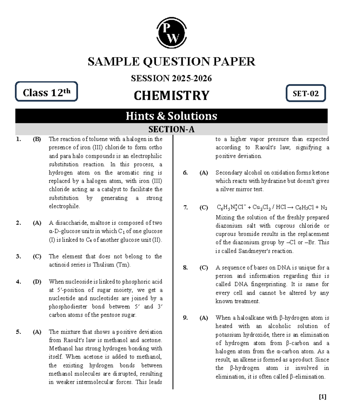 Class 12th Chemistry Sample Question Paper with Hints & Solutions - Studocu