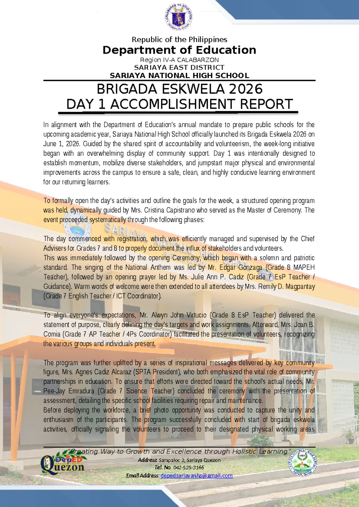 DAY 1 Accomplishment Report: Brigada Eskwela 2026 - Studocu
