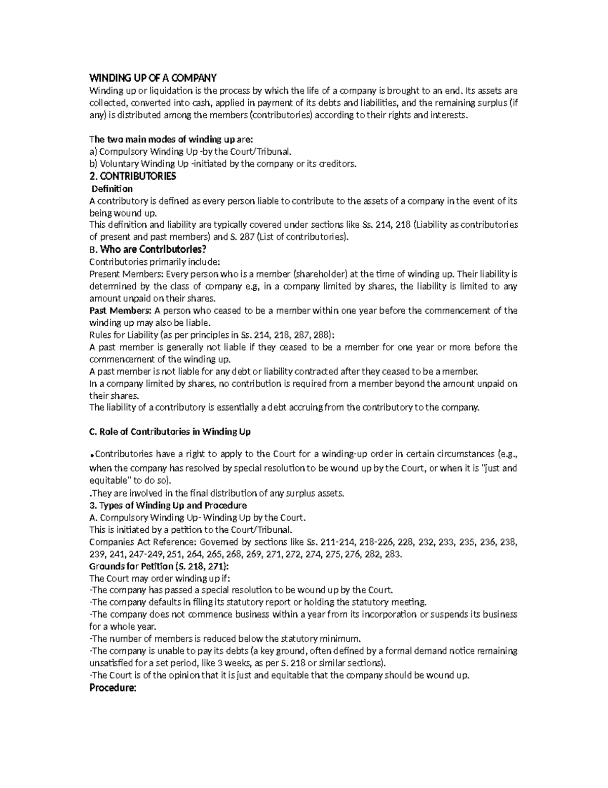 WPS 101: Winding Up of a Company - Processes and Contributories - Studocu