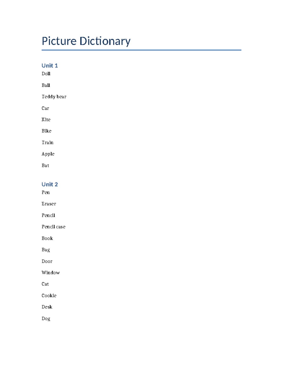 Picture Dictionary Units 1-9: Vocabulary for Kids - Studocu