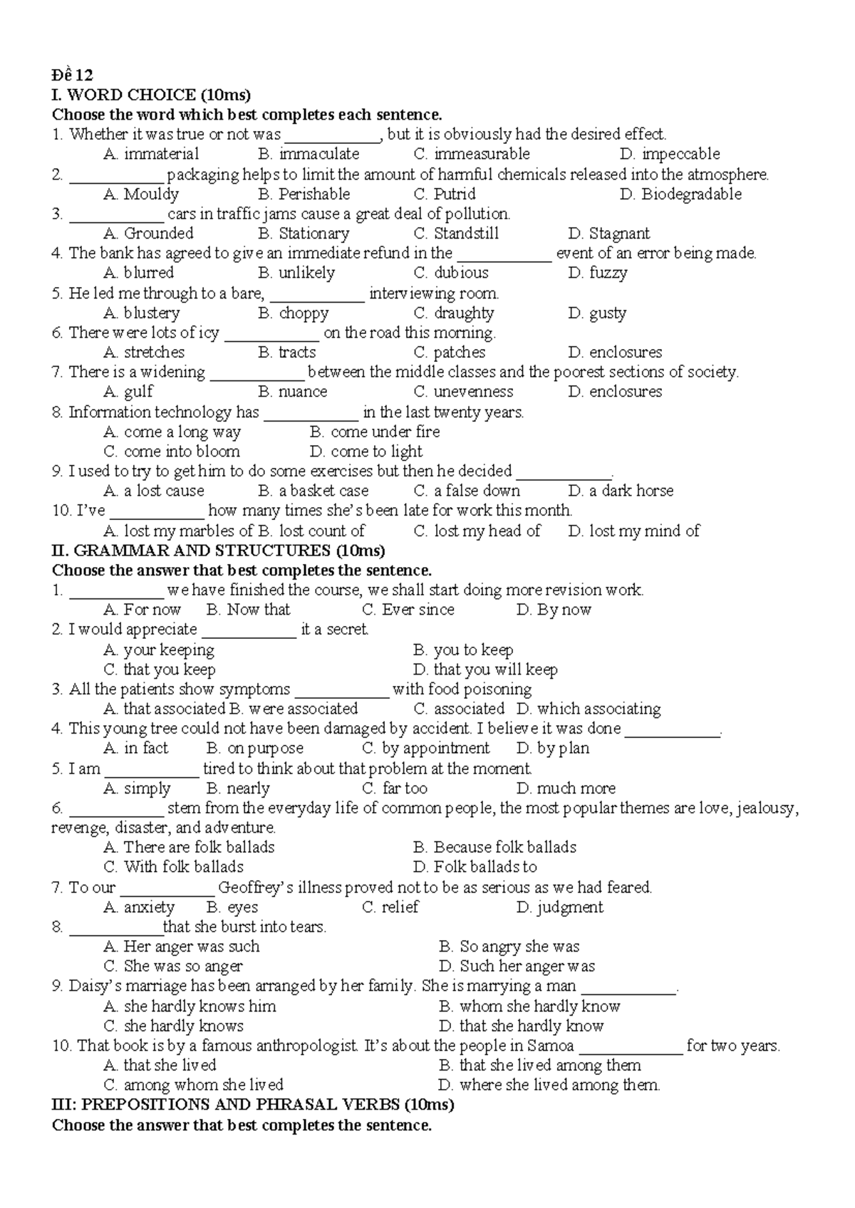 Đề 12 - Word Choice, Grammar, Reading & Cloze Test (Midterm Exam) - Studocu