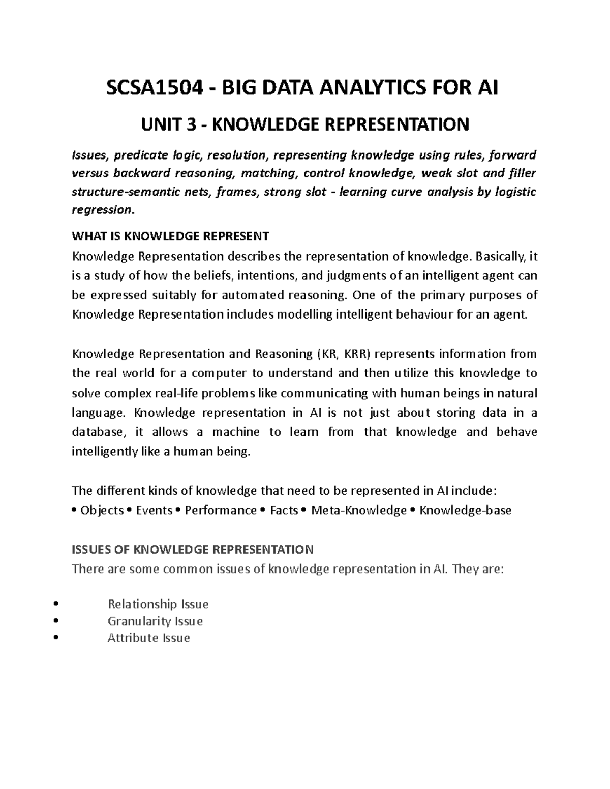 UNIT 3 - Knowledge Representation - SCSA1504 - BIG DATA ANALYTICS FOR AI UNIT 3 - KNOWLEDGE ...