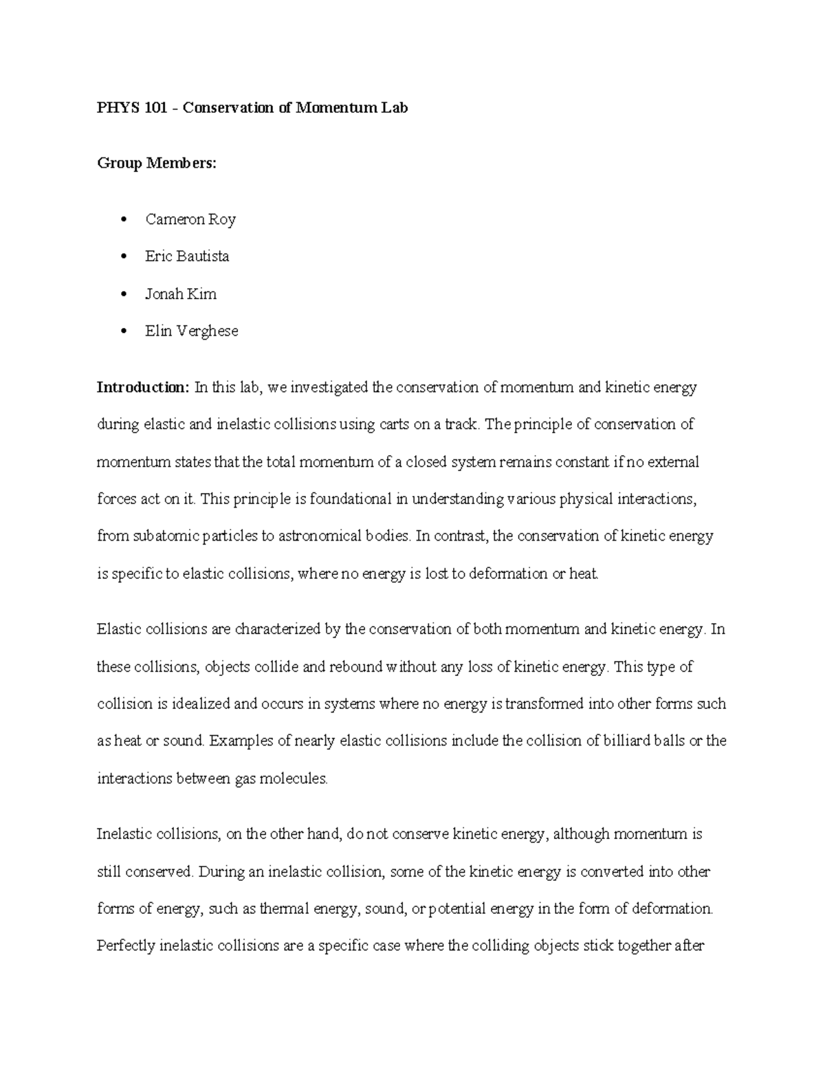 PHYS 101 Lab 4: Conservation of Momentum in Collisions - Studocu