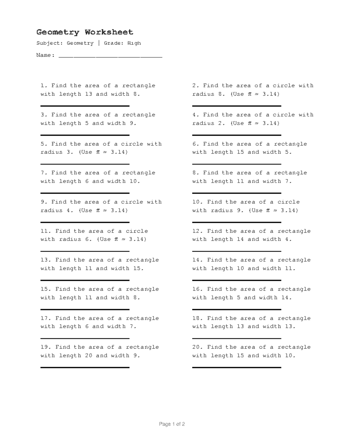 Geometry Worksheet: Area Calculations & Word Problems - Studocu