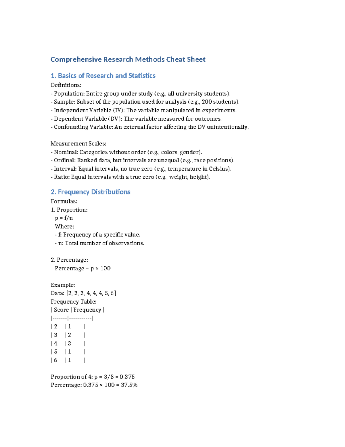 Research Methods Cheat Sheet: Key Concepts & Formulas for Stats - Studocu