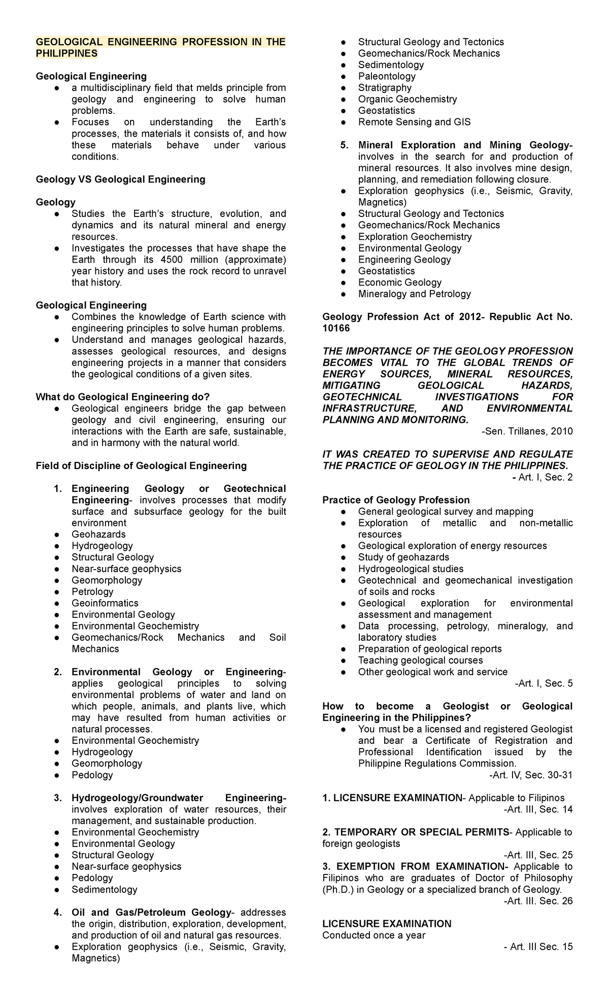 Geo E 401 orientation - notes - GEOLOGICAL ENGINEERING PROFESSION IN ...