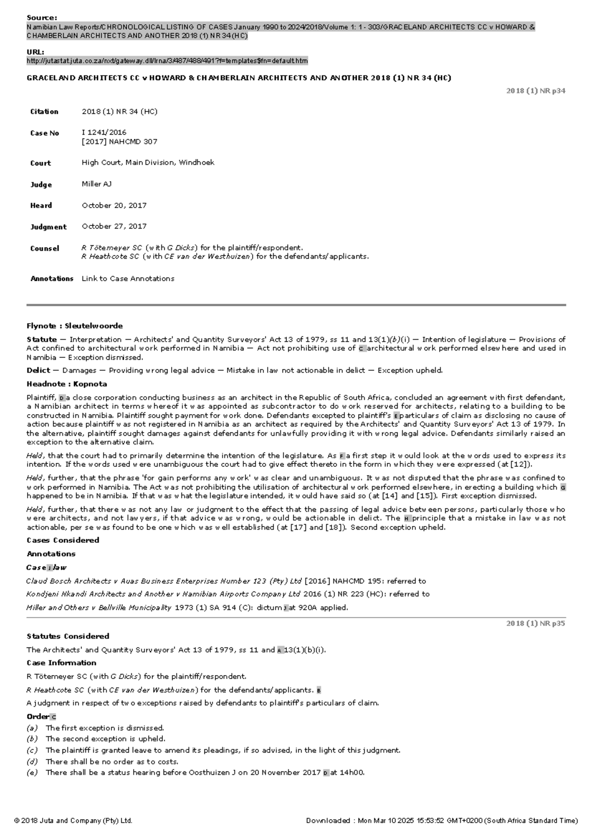 Graceland Architects CC v Howard Chamberlain Architects 2018 (1) NR 34 ...