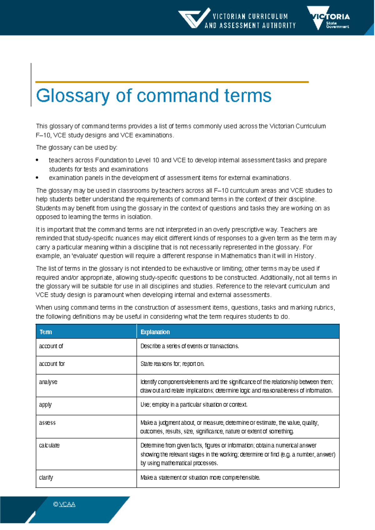 VCE Glossary of Command Terms for Assessment and Exams - Studocu