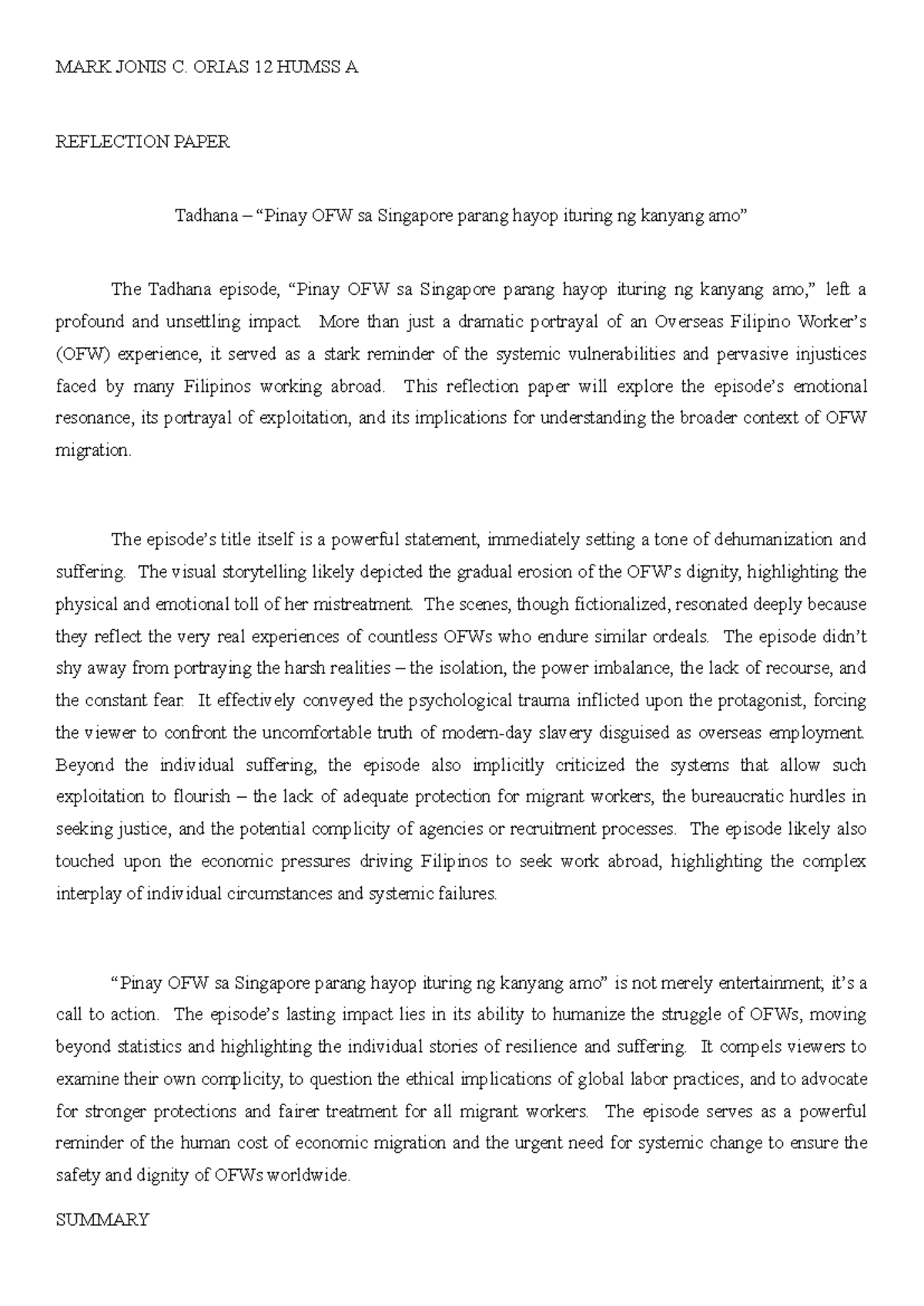12 HUMSS A Reflection Paper on Tadhana: The OFW Experience in Singapore ...