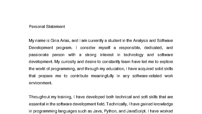 Personal Statement - Analysis and Software Development - Studocu