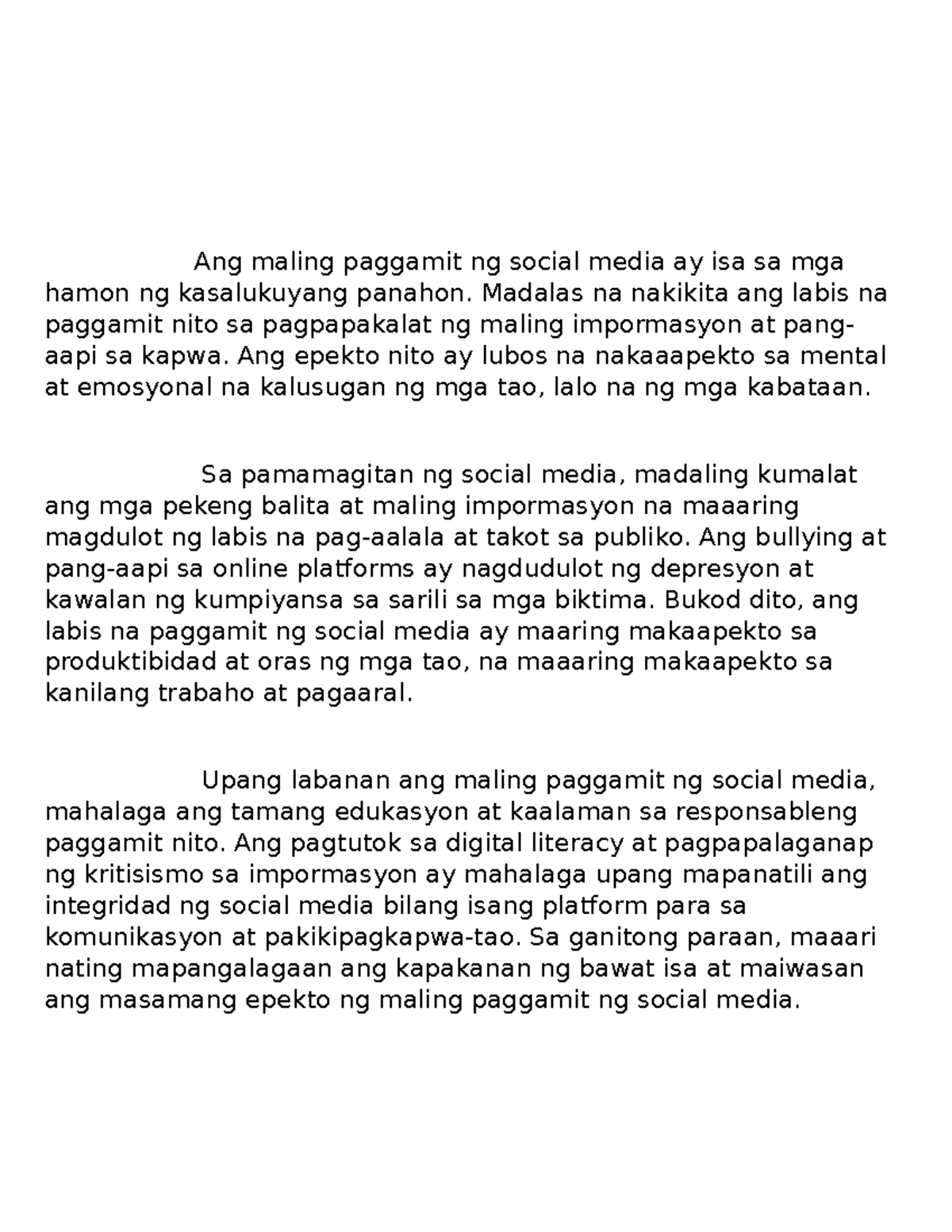 Maling Paggamit ng Social Media: Sanaysay sa Kahalagahan ng Edukasyon - Studocu